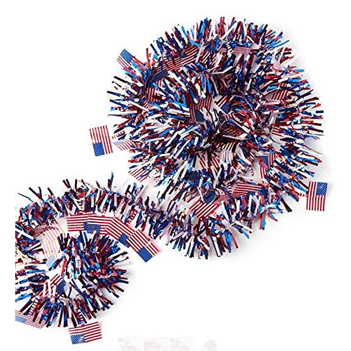 Patriotic Tri-Color Tinsel Garland w/Flag Accents: 9 feet