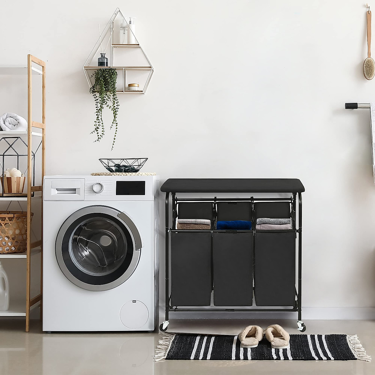 STORAGE MANIAC 3-Section Laundry Sorter with Foldable Ironing Board, Heavy-Duty Rolling Laundry Cart with and Removable Bags, Triple Laundry Hamper with Wheels, Matte Black