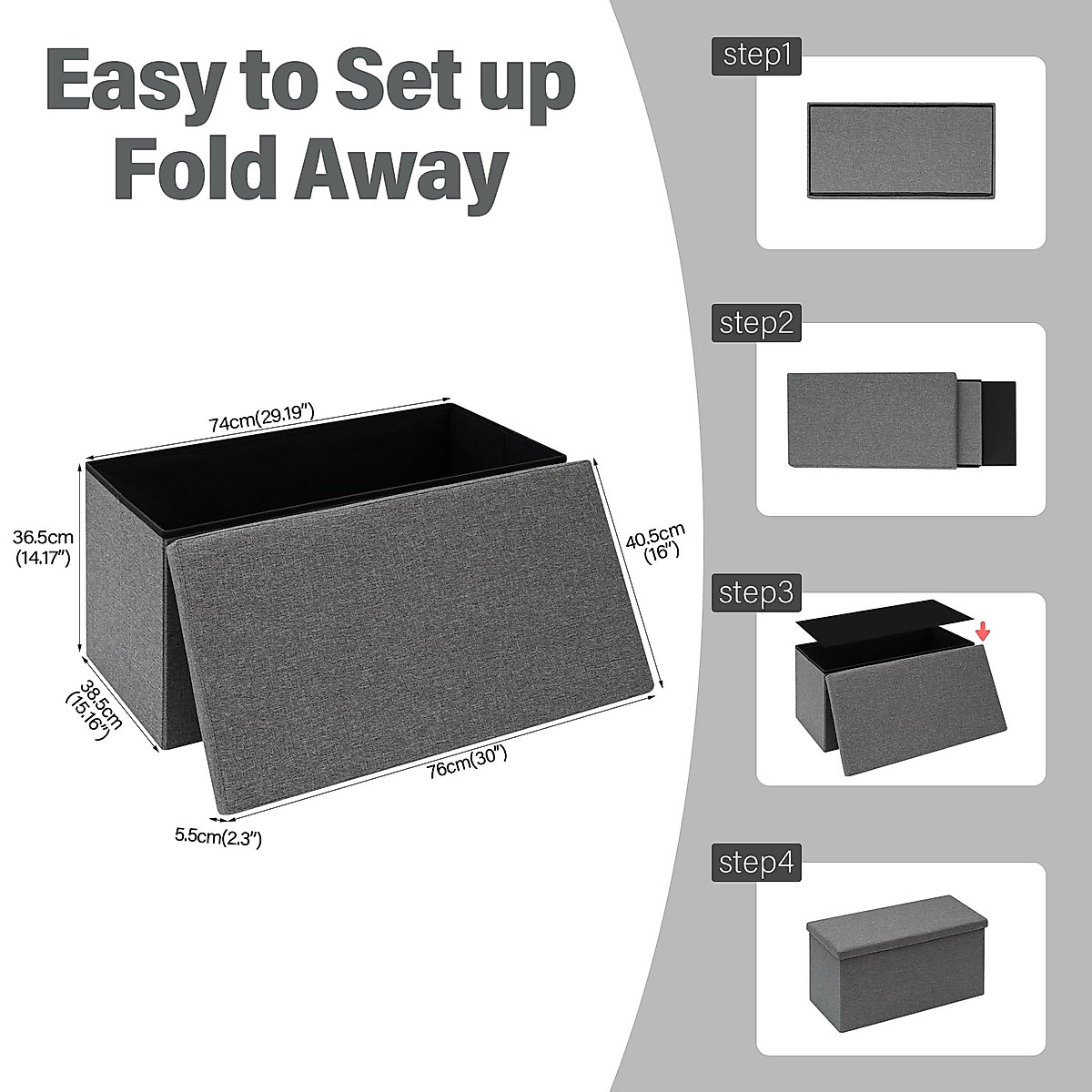 PINPLUS Folding Storage Ottoman Bench, Grey Storage Ottoman with Lid Tray, 30 inches Ottoman Coffee Table Cube Chair Foot Rest Stool Storage Toy Chest for Living Room Bedroom, Holds up to 550 lb