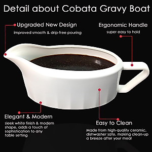 Cobata 24oz Large Capacity Gravy Boat - Upgrade Premium White Sauce Boat - Elegant Pouring Spout - Perfect for Serving Gravy, Sauces, Dressings - Dishwasher Safe