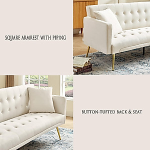 Anwick 72" Velvet Satin Futon Sofa Bed,Convertible Sleeper Couch Bed with 2 Pillows,Modern Tufted Recliner Loveseat with Golden Metal Legs for Small Home Office Living Room (Beige-Button Tufted)