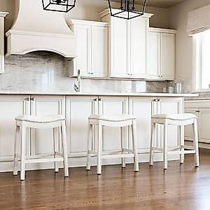 Maven Lane Adrien 26 Inch Counter Height Upholstered Backless Saddle Barstool in White Oak Finish with Natural Color Fabric Cushion Seat, Set of 2