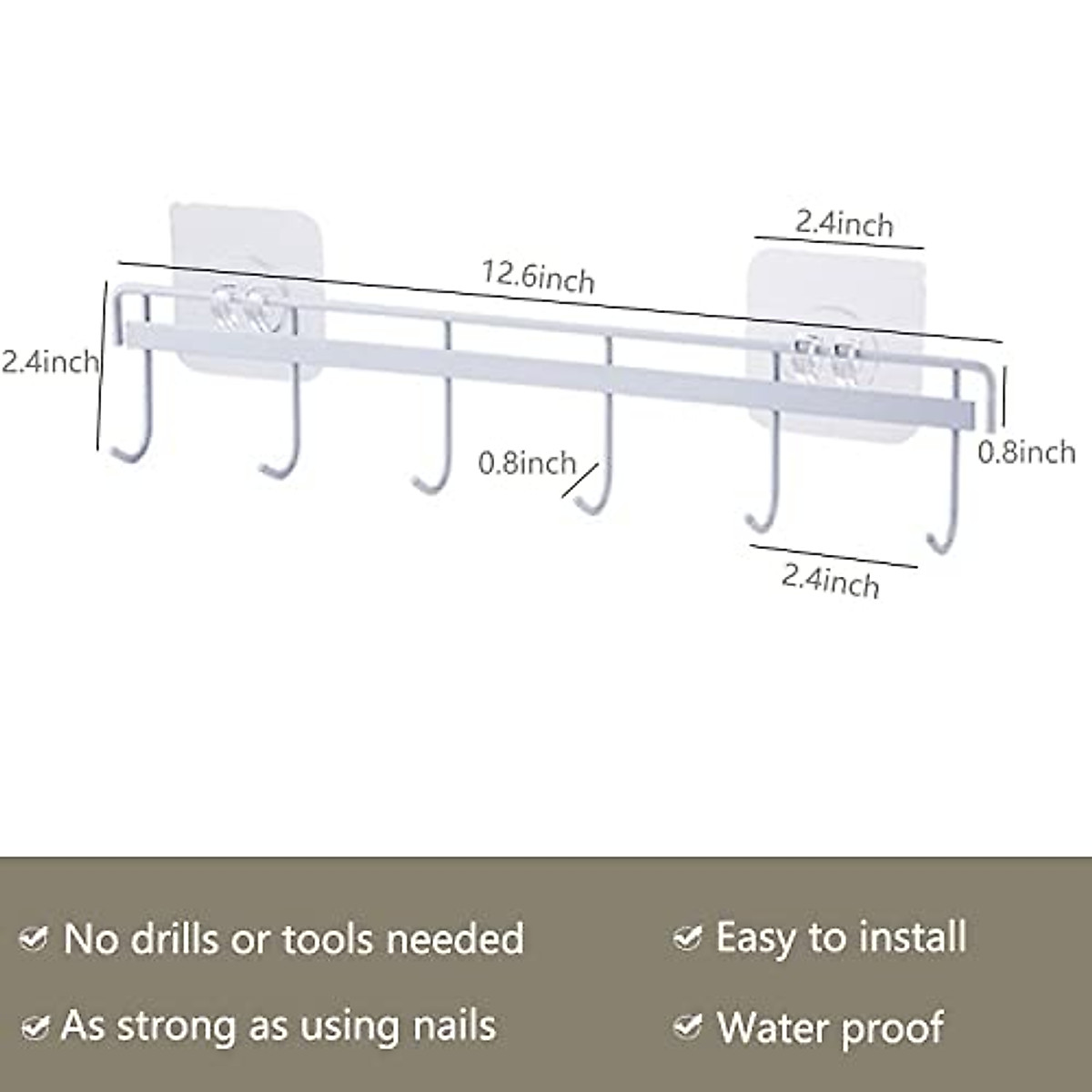 2 Pack Adhesive Wall Hooks Rack Kitchen Rail, Space Saving Heavy Duty Hanger with 6 for Bathroom Bedroom Closet, Utensil Hanging Knives, Spoon, Towel (White), 32x6x2.5cm/12.6 x2.36 x1inch