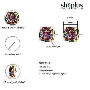 Multicolor Glitter Confetti Stud Earrings - Square Multi Colorful Sparkle Pretty Sequin Resin Earrings for Women Jewelry