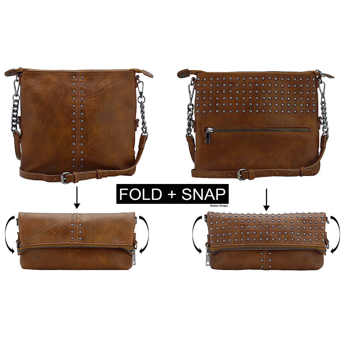 K&Bo Stevie Women’s Studded Chain Crossbody Handbag Purse Brown, Rocker Chic Boho Medium, Converts to Clutch Bag, Lightweight