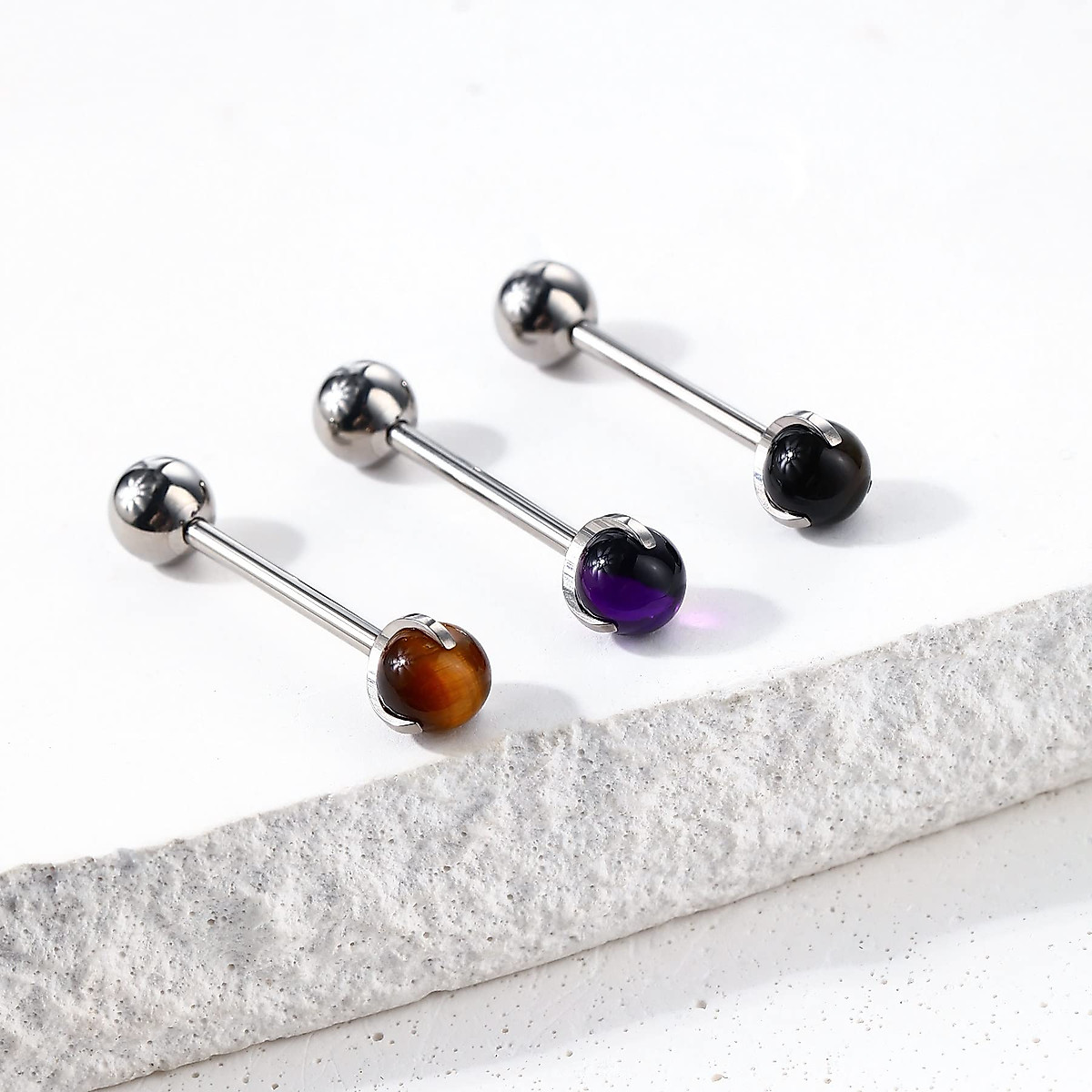CM Crareesi Mania Titanium Tongue Rings 14G Amethyst Tongue Piercing Jewelry Solid G23 Titanium Nipple Tongue Ring 16mm Natural Stone Tongue Barbells for Women