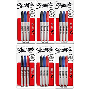 Sharpie 30173PP Permanent Markers (Pack of 6), Fine Point, Assorted Colors, 6 Blister of 3 Markers, 18 Markers Total