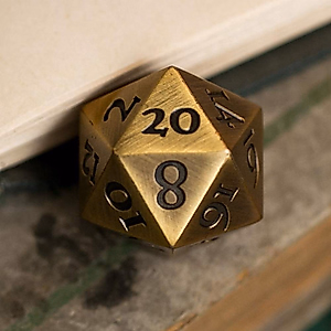 KakapopoTCG Extra Large Solid Metal Gold D20 Dice 20 face with Black Numbers Extra Heavy DND Standard Dice DnD5e TTRPG Tabletop RPG Golden Dice