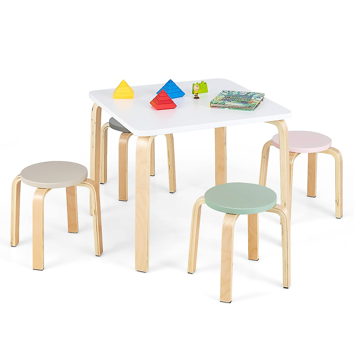 INFANS Kids Wooden Table and Stool Set, 5-Piece Activity Table with 4 Stools for Toddler Building Block Drawing Reading Art Crafts, Children Natural Furniture Set for Kindergarten Classroom
