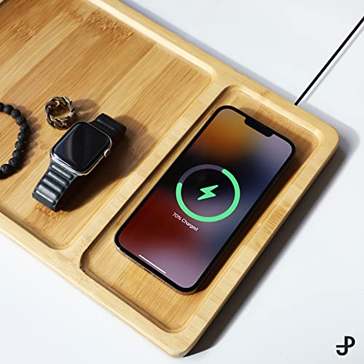 [PJ Collection] Bamboo Organizer Valet Tray with Wireless Charging, Desk and Night Stand Organizer, 2 in 1, 15W Charging Station，Wireless Charging Station