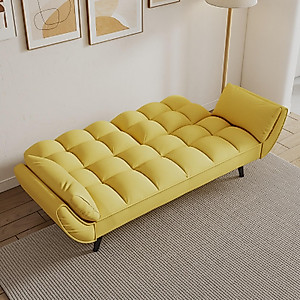 Majnesvon Velvet Futon Sofa Couch Bed with 2 Pillows, Convertible Folding Futon Couch with Adjustable Backrest, Love Seat Sleeper Sofa Bed for Small Spaces, Living Room, Office, Apartment (Yellow)