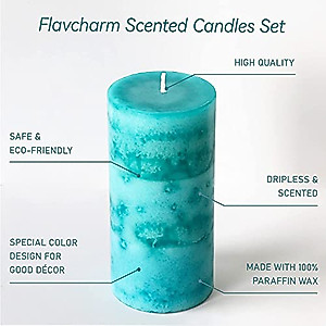 FLAVCHARM Pillar Candles Scented, Ocean Breeze Scented Candles, 3 Pack Teal Candles 3x6 inch Long-Lasting Clean Burning Candles, Turquoise Candles for Home Décor, Bathroom, Wedding Decorations