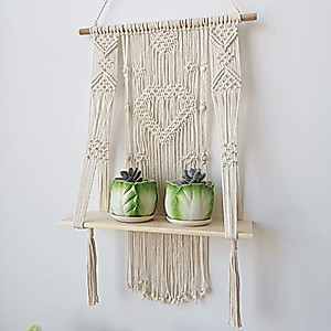 BLUETTEK Macrame Wall Hanging Shelf, Wood Floating Hanging Storage Shelf Bohomian Wall Decor (Heart)