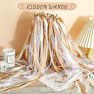 Taiyin 150 Pcs Lace Ribbon Stick Wands Wedding Wand Streamers with Bell Silk Ribbon Fairy Wand Wedding Send Off Streamer for Wedding Party Favors Baby Shower Holiday(White)