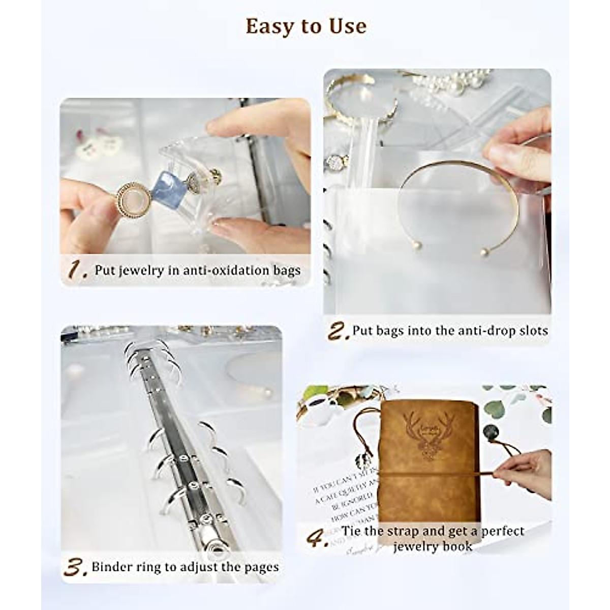 Jewelry Storage Book, PU Leather Travel Jewelry Organizer with Anti-drop Pockets, Portable Earrings Travel Album with Transparent Jewelry Bags for Rings, Bracelets(70 Grids+70 Anti-Oxidation PVC Bags)