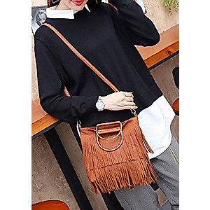 Ayliss Women Fringe Tassel Crossbody Bag Leather Shoulder Bag Hobo Handbag (Brown)