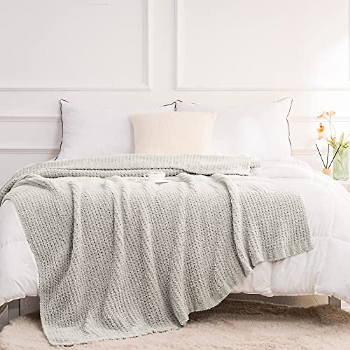RECYCO Super Soft Throw Blankets for Bed, Warm Cozy Knit Blanket Lightweight Fluffy Throw Blanket for Couch Sofa Chair Living Room, Light Grey, 60x80 Inches, Laundry Bag Included