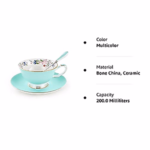3 Piece Bone China Cup and Saucer Set with Spoon Vintage Porcelain Coffee Cup Set, Floral Tea Cup Set with Gold Trim and Gift Box, 7.1oz.