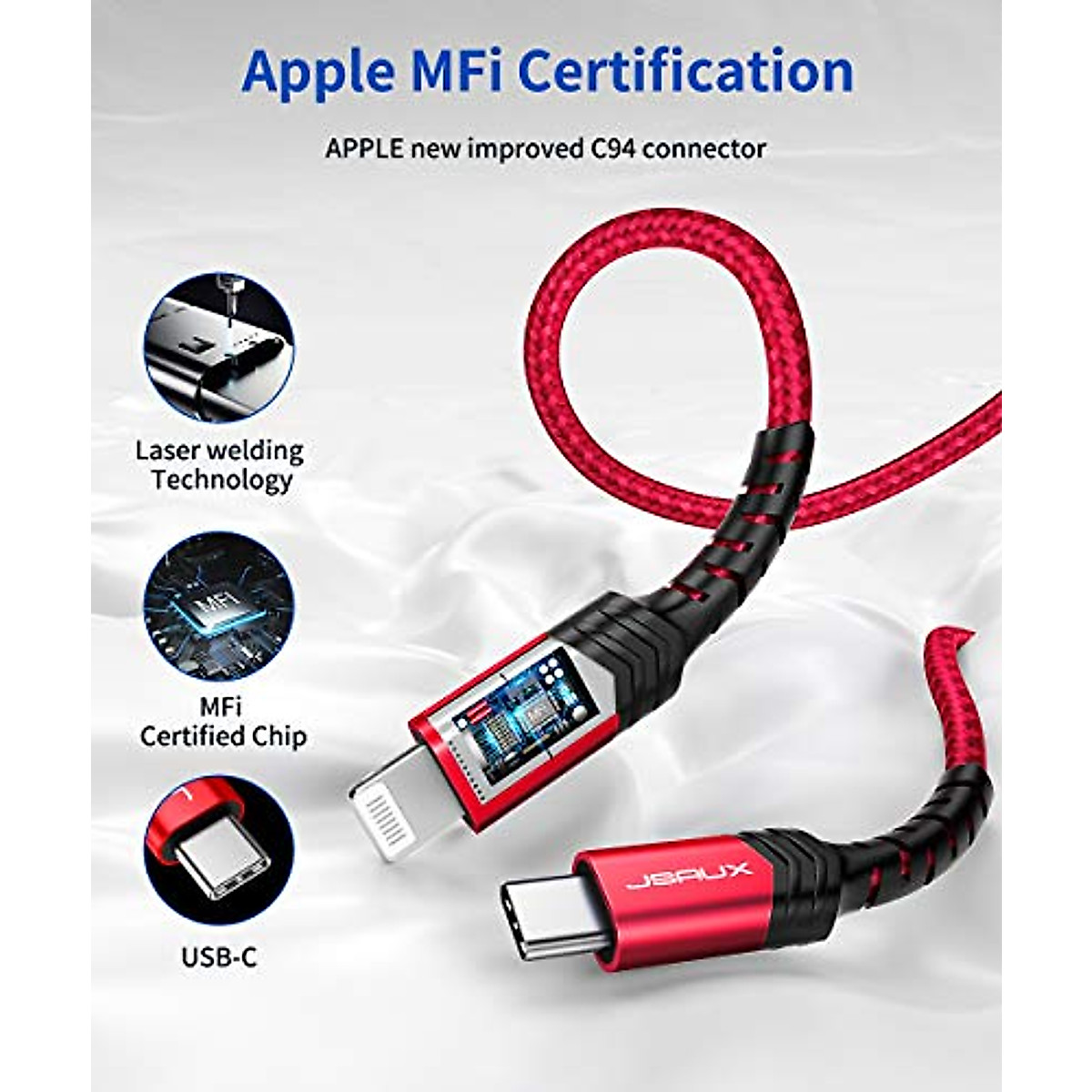 JSAUX USB C to Lightning Cable [2 Pack 6FT], [Apple MFi Certified] iPhone 13 Charger Cable Compatible with iPhone 14/13 Pro/13 Pro Max/12 Pro/11 Pro Max/X/XS/XR/8, iPad 9th 2021, AirPods Pro-Red
