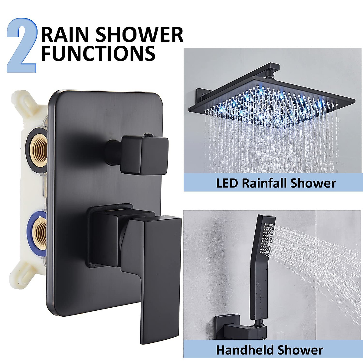 Saeuwtowy 12 inches LED Rainfall Shower Head with Brass Handheld Rain Shower System Shower Faucets Sets Complete or Bathroom Rough-in Valve Body and Trim Included Matte Black