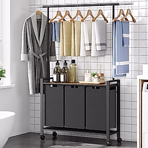 IDEALHOUSE Laundry Sorter, Rolling Laundry Hamper with Hanging Rack, Laundry Hamper 3-Section with Wheels, Hampers for Laundry, Laundry Basket Organizer for Laundry Room, Rustic Brown