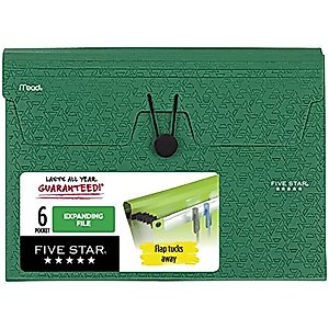 Five Star 6 Pocket Expanding File Organizer, Plastic Expandable File Folders with Pockets and Tab Inserts, Holds 11" x 8-1/2", Bungee Closure, Green, Color Will Vary (72925)