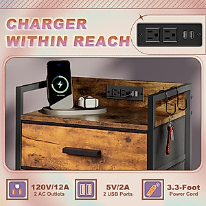 Nightstand 3 Drawer Dresser, 11"Dx15.6"Wx21"H, Set of 2 Side Table with Fabric Drawers, End Table with Open Shelf, Small Dresser for Kids Closet Bedroom,Guest Room(Rustic Brown, Set of 2 with Charger)