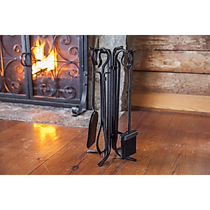 Plow & Hearth 5 Piece Hand Forged Iron Compact Fireplace Tool Set | Poker | Tongs | Shovel | Broom | Hearth Accessory| Black Finish | 10.25" x 20"H