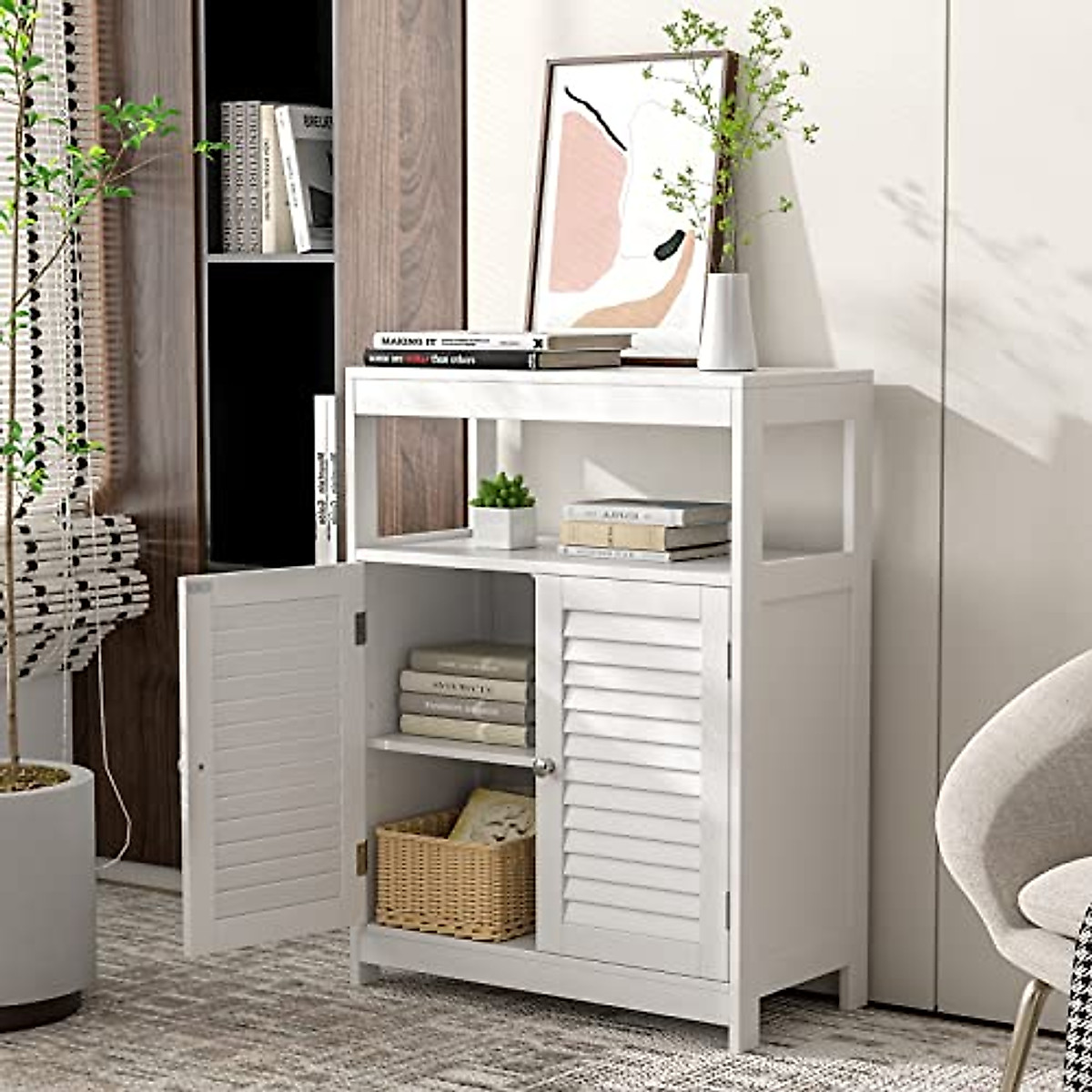 Tangkula Bathroom Storage Floor Cabinet, Free Standing Storage Cabinet with Double Shutter Doors and 3-Position Adjustable Shelves, Wooden Storage Cabinet Organizer for Bathroom, Living Room (White)