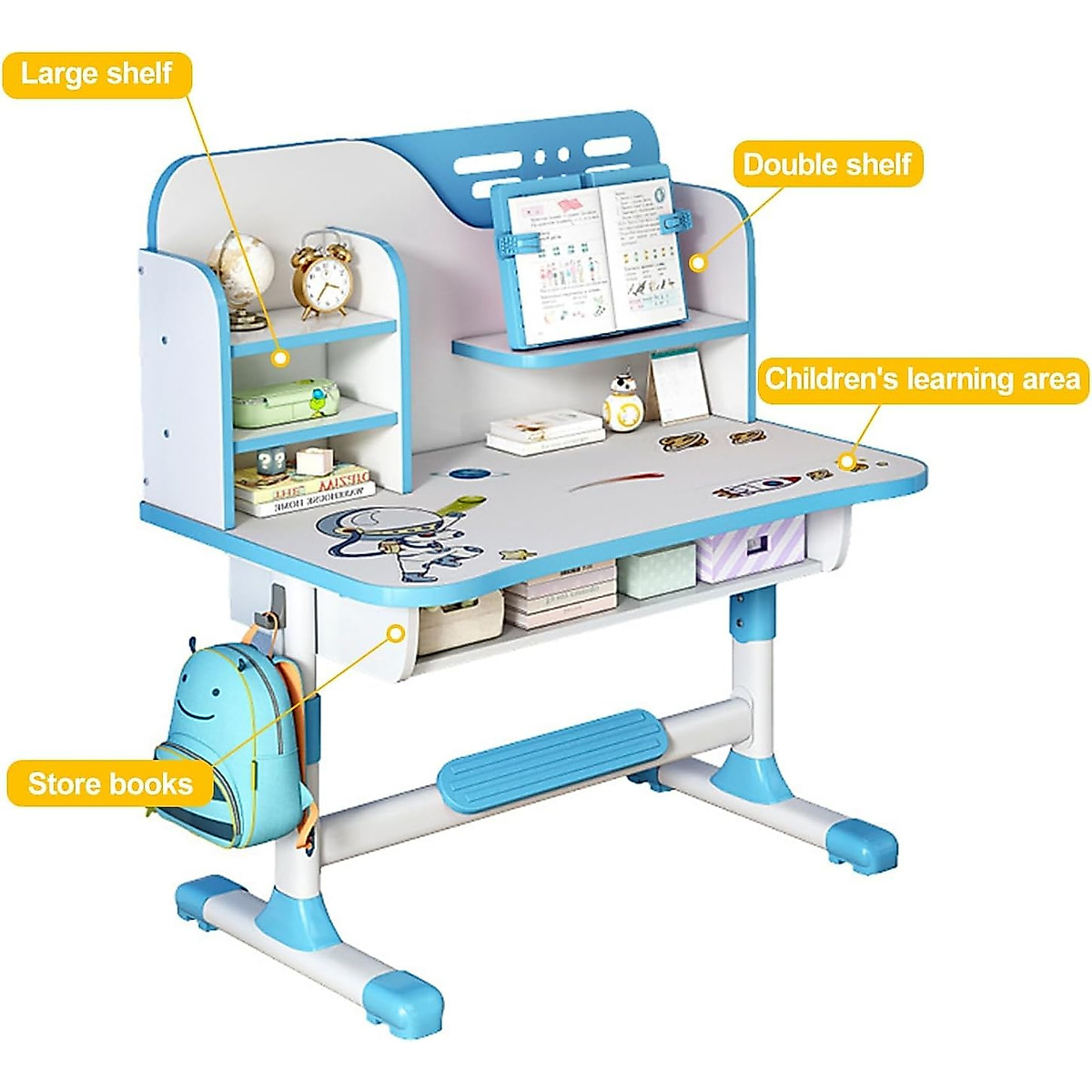 Kids desk and chair set,Premium Kids Study Desk Chair Set,Height Adjustable Children's Desk and Chair School Study Table Chair ,Ergonomic Desk Chair with Writing Board, Bookshelf and Drawer (Blue)