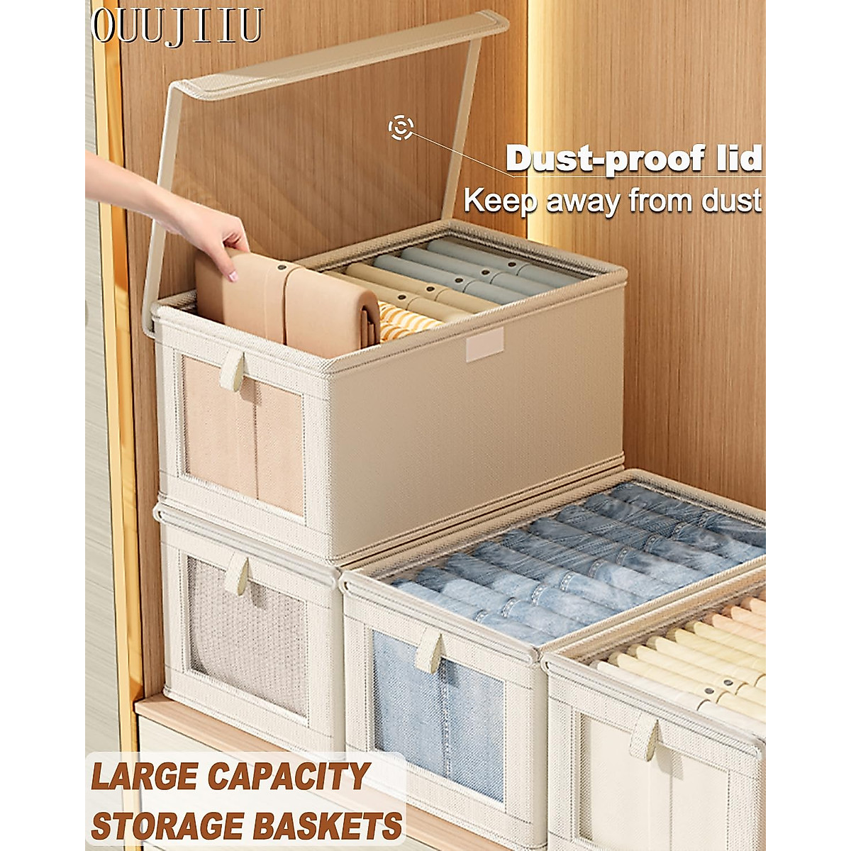 OUUJIIU Large Storage Baskets for Shelves | Sturdy Fabric Closet Storage Bins for Organizing with Clear Window| 17"x10"x8" Collapsible Home Organization with Lid, Beige, 3-Pack