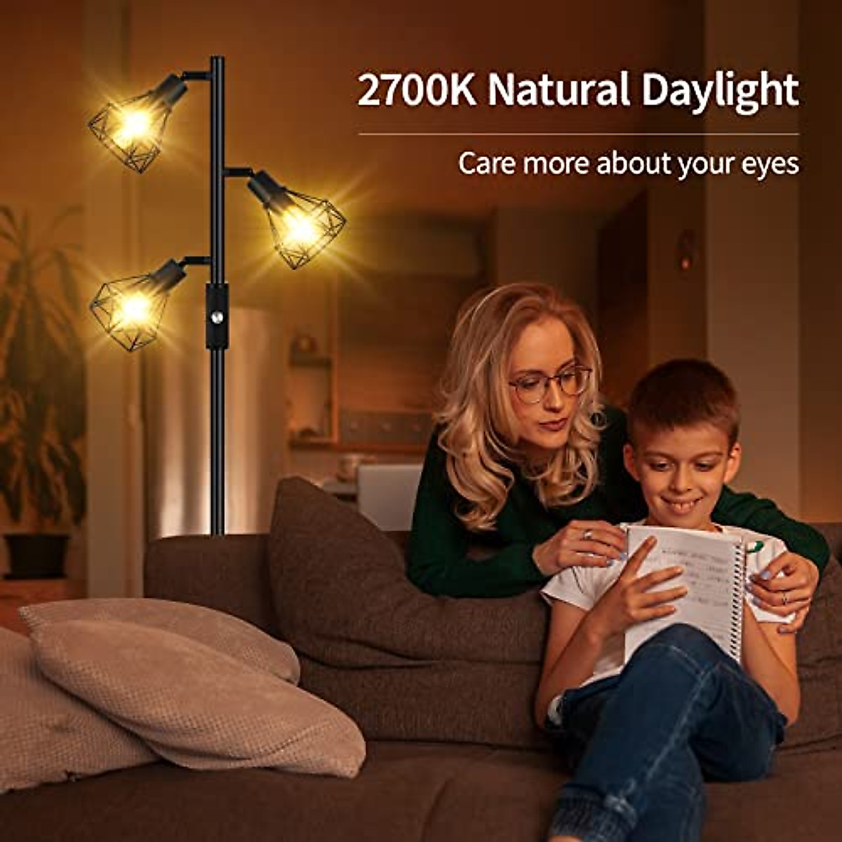 Floor Lamp, Industrial Floor Lamps for Living Room,Tree Standing Lamp Bright with 3 Charm Diamond Head 1200 Lumens Edison Bulbs LED,3 Way Switch,Modern Stand up Lamp for Bedroom Office Farmhouse