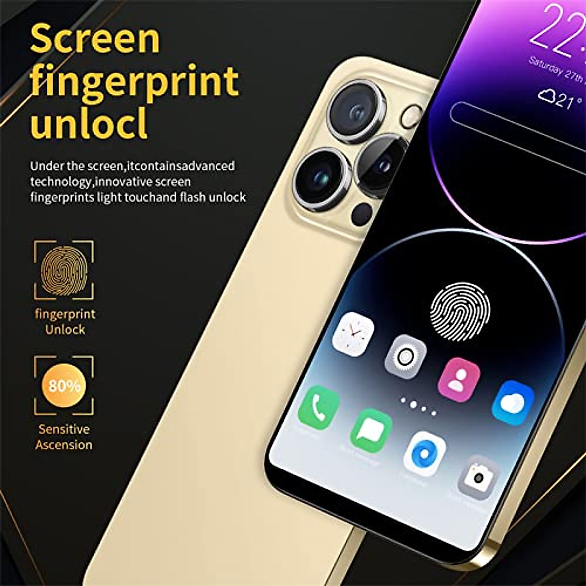 Unlocked Smartphone, I14pro 6.1 Inch Full Screen 5G WiFi Mobile Phone, Face Unlock Cellphone, 4GB RAM 64GB ROM 128GB Expandable, MT6889 10 Core CPU, 7000 Mah Battery