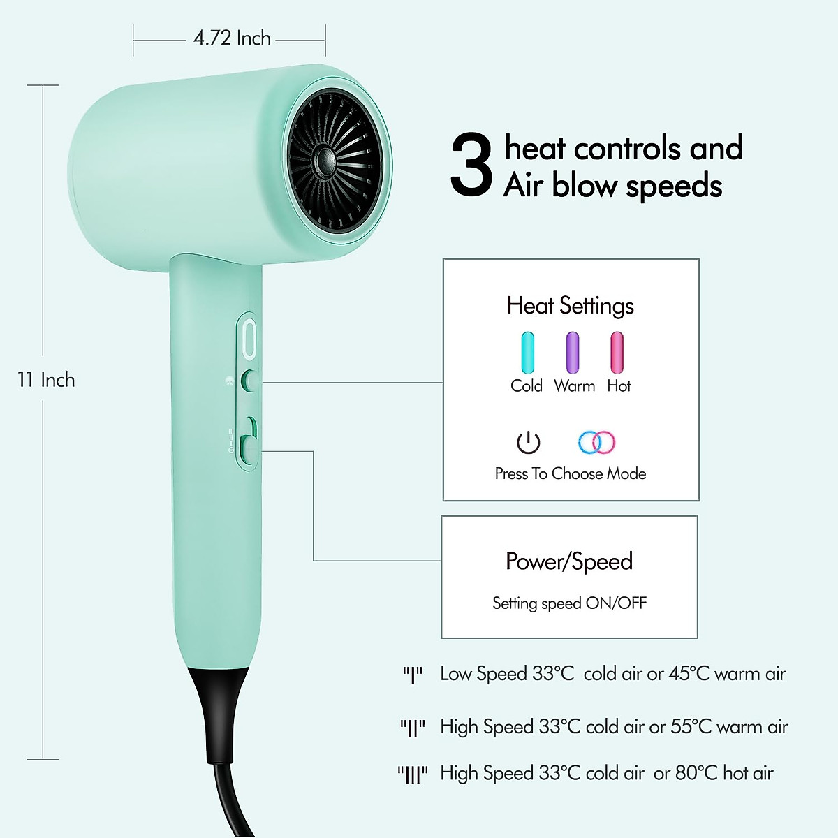 FAVIRZCE Hair Dryer, Portable Ionic Blow Dryer with Diffuser and Concentrator Nozzle, Fast Drying without Hair Damage, Low Noise, Lightweight Travel Hair Dryer, 3 Temps, Mint Green