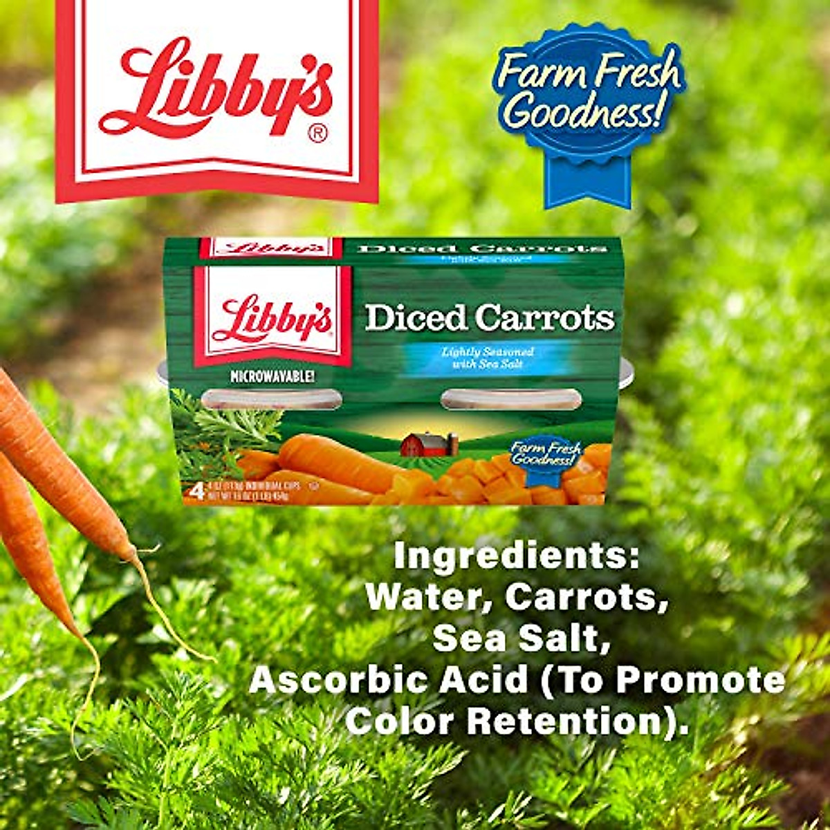 Libby's Diced Carrots | Appealingly Tender | Faintly Sweet & Earthy Flavor | Vibrant Orange Slices | Farm Fresh Goodness | No Preservatives | Six 4-pack sleeves of 4.0 oz cups (24 cups total)