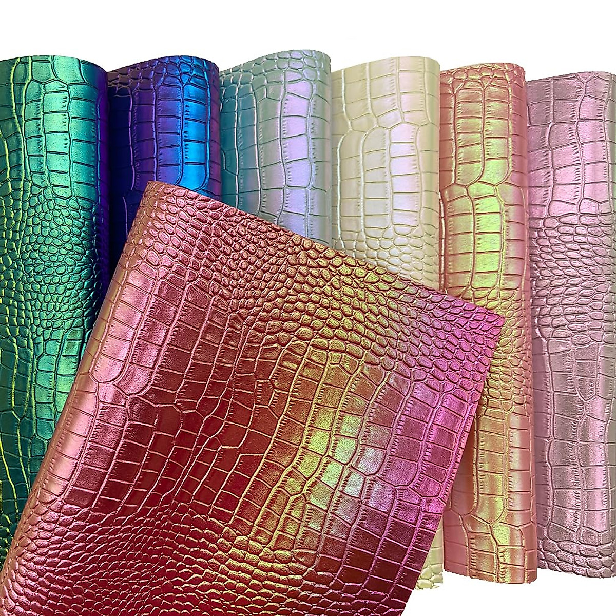 8 x 12 inches Holographic Iridescence Crocodile Faux Leather Sheets, 7pcs A4 Shiny Alligator Textured Synthetic Leather Fabric for Crafts Making Leather Earrings, Bows,Sewing ﻿