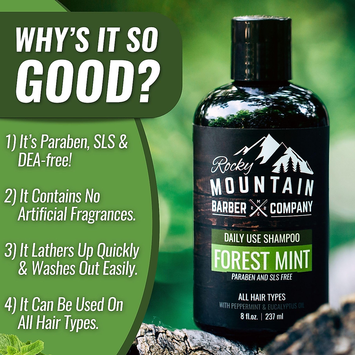 Rocky Mountain Barber Company Men's Shampoo - Tea Tree Oil, Peppermint & Eucalyptus for All Hair Types