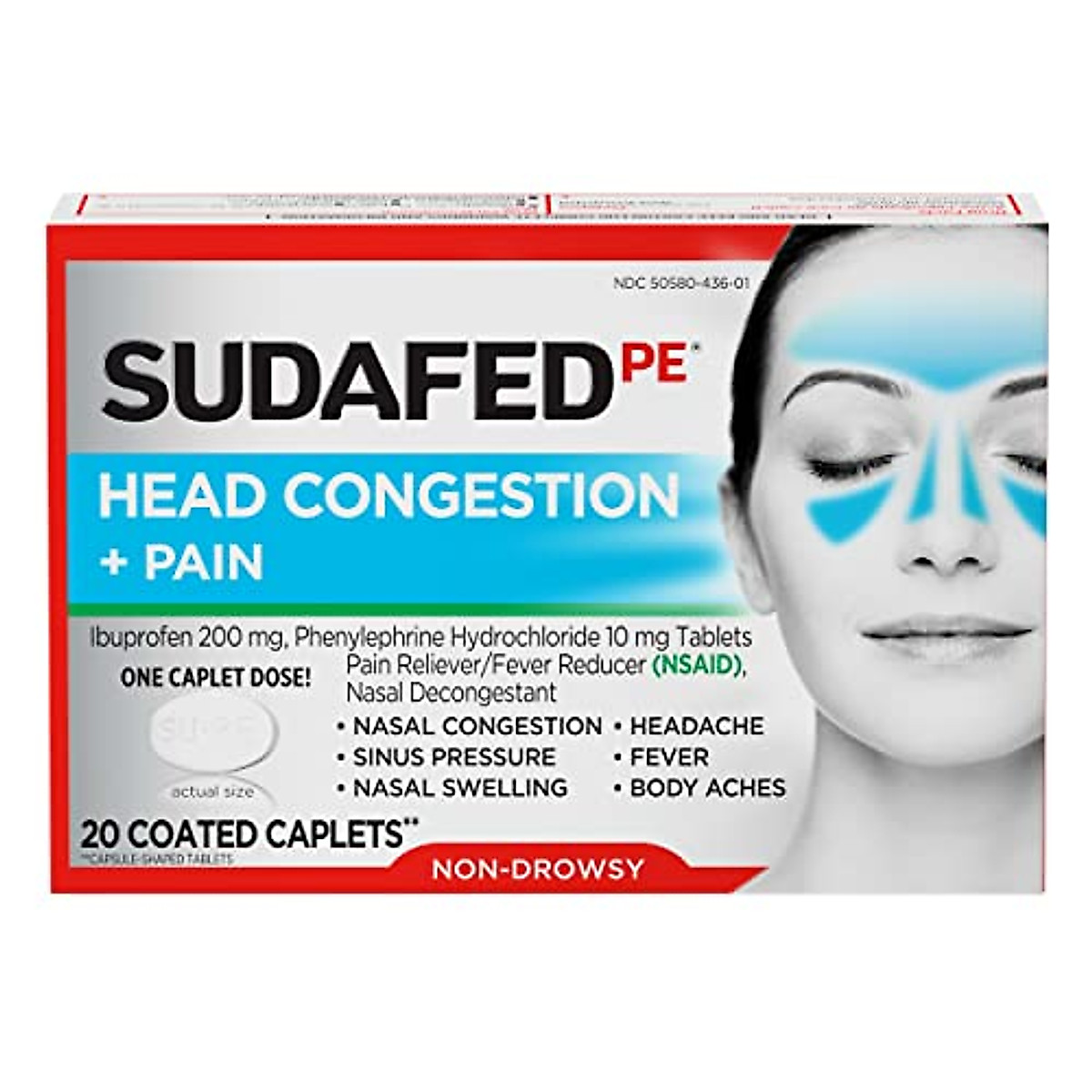 Sudafed PE Non-Drowsy Head Congestion + Pain Relief Caplets with Ibuprofen 200 mg & Phenylephrine HCl 10 mg, Nasal Decongestant & NSAID Pain Reliever & Fever Reducer, 20 ct