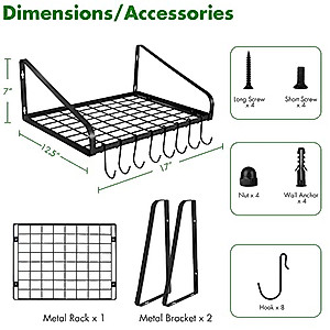 Felibeaco Hanging Pot Rack,Wall-Mounted Pots and Pans Organizer Rack with 8 Removable Hooks, Kitchen Wall Organizer Storage Shelf for Pan Set, Utensils, Cookware, Books, Household 2 DIY Methods,Black