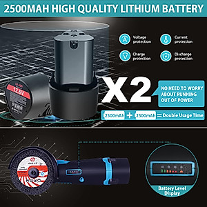 Mini Angle Grinder, 12.6V 3inch Angle Grinder with 2 * 2500mAh Batteries and 5 Grinding Wheels, Brushless Motor 19500RMP Cordless Grinder, Cutting/Deburring/Derusting Grinder Tool (Blue)