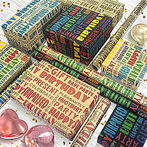 Larcenciel Birthday Wrapping Paper, Kraft Gift Wrapping Paper, Brown Recycled Wrapping Paper, Blue and Red Happy Birthday Design, Gift Wraps for Birthday, Baby Shower, DIY Craft,5 Sheets 27.5x19.6inch