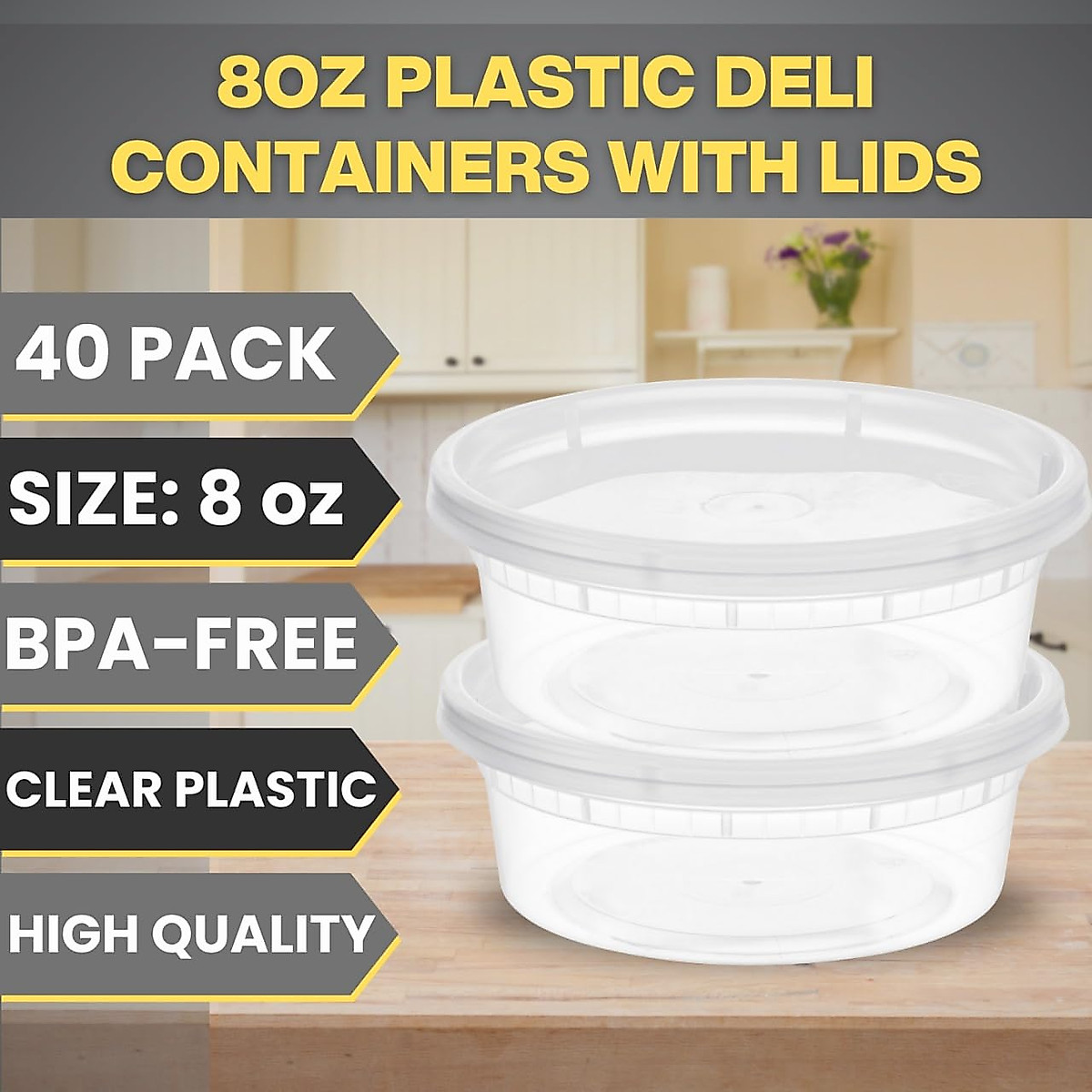 Smygoods 8oz Plastic Deli Containers with Lids - 40 Count, Stackable, BPA Free, Clear