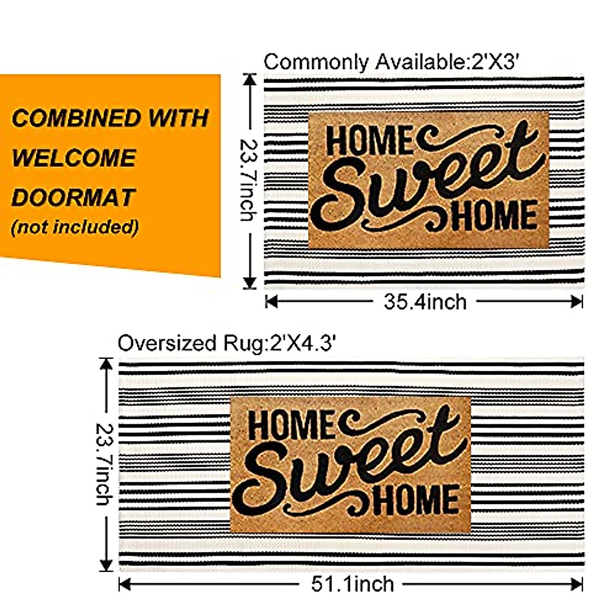 Black and White Striped Outdoor Rug, 2’ x 4.3’ Cotton Hand-Woven Reversible Front Porch Rug Washable Front Door Mat Entryway Rugs Welcome Layered Doormat Carpet for Patio Farmhouse Kitchen