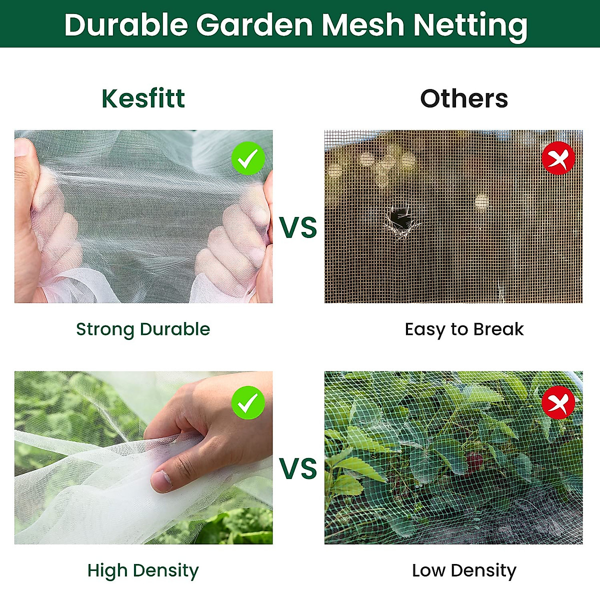 Kesfitt Garden Netting Kit,10x33FT Ultra Fine Mesh Bird Netting for Garden Protection with 10PCS Hoops & 15PCS Stakes & 36PCS Clips,Insect Netting Pest Barrier Row Cover for Vegetable Fruits Flowers