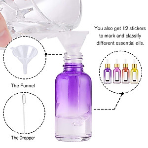 PrettyCare Eye Dropper Bottles 1oz (Rainbow Colored Glass Bottle 24 Pack 30ml with Golden Caps, 48 Labels, Funnel & Measured Pipettes) Empty Tincture Bottles for Essential Oils, Perfume