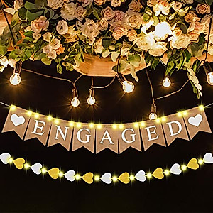 Engaged Banner Heart Garland and LED String Lights Set Rustic Burlap Bunting Garland White Gold Hanging Love Heart Streamer Banner for Wedding Engagement Party Bridal Baby Shower Birthday Decorations