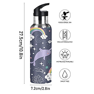 TropicalLife Insulated Water Bottle Narwhal And Rainbow Water Bottle with Straw Stainless Steel Bottle Vacuum Insulated Tumblers for School Sports