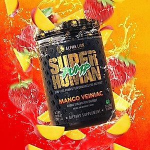 ALPHA LION Superhuman Pump Pre Workout Powder, Nootropic Caffeine & Stim Free Preworkout Supplement, Nitric Oxide Booster, Muscle Gainer, Energy & Focus (42 Servings, Mango Veiniac Flavor)