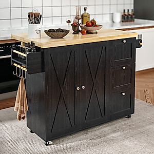 IRONCK Rolling Kitchen Island Cart with Drop-Leaf Countertop, Barn 3Drawers, Barn Door Style Cabine,Thicker Rubberwood Top, Spice Rack, on Wheels, for Kitchen and Dining Room, Black