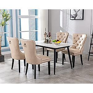 CIMOTA PU Leather Dining Chairs Set of 2, Upholstered Modern Tufted Dining Room Chairs Nailhead Trim Armless Side Chair with Solid Wood for Kitchen/Dining Room/Bedroom (Beige, Ring on The Back)